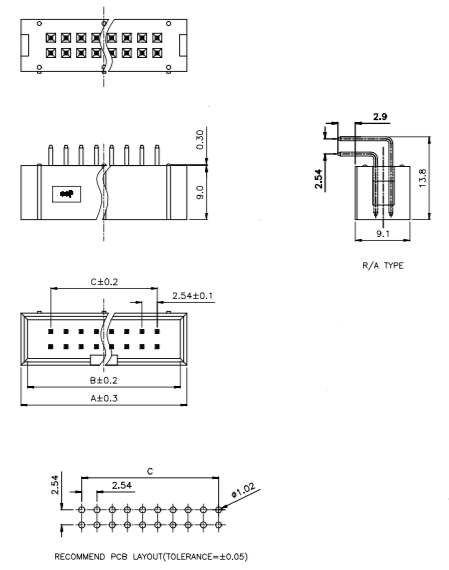 Right Angle Male Box Header Small Electrical Connectors 2.54mm R/A Dual ...
