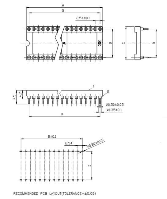 2.54mm Turned Pin Contact Type DIP IC Socket With Pin Length 7.43mm